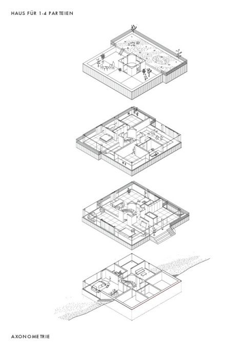Axonometrie - Haus für 1-4 Parteien - Architekturobjekte - heinze.de